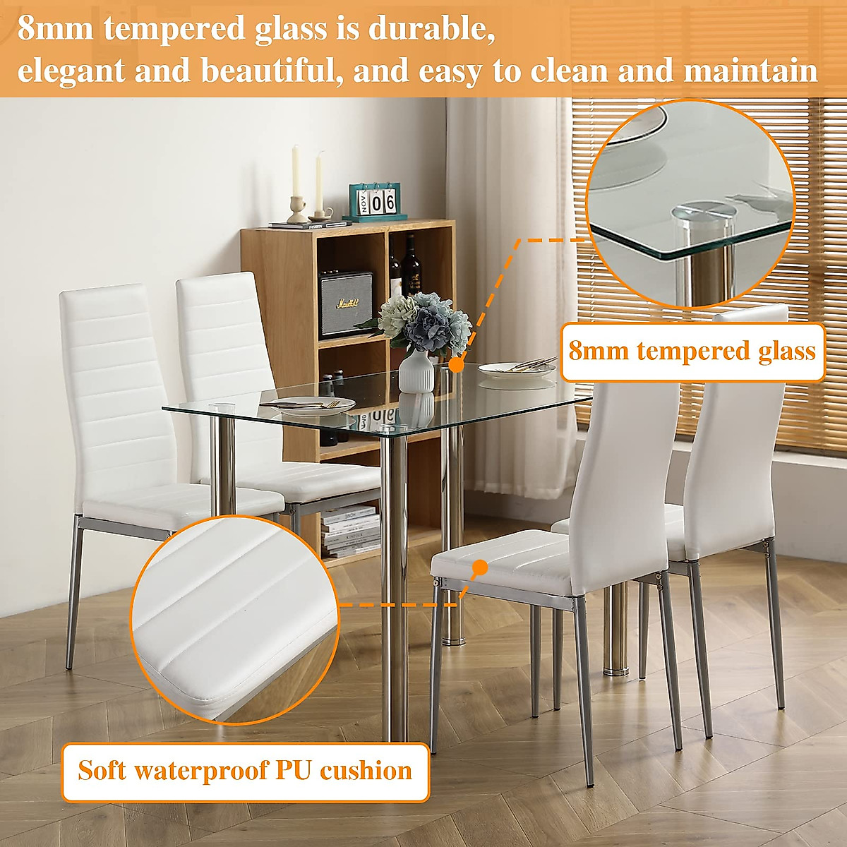 HomVent Dining Table Set for 4, Small Tempered Glass Dining Room Table Set, Kitchen Table and Chairs for Small Spaces, Transparent,White Modern 110cm, Stainless Steel PU Leather