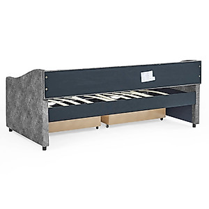 GLANZEND Twin Size Tufted Daybed with Double Storage Drawers, Upholstered Sofa Bed, Wooden Couch with Button on Back and Copper Nail on Waved Shape Arms, for Bedroom, Living Room, Gray
