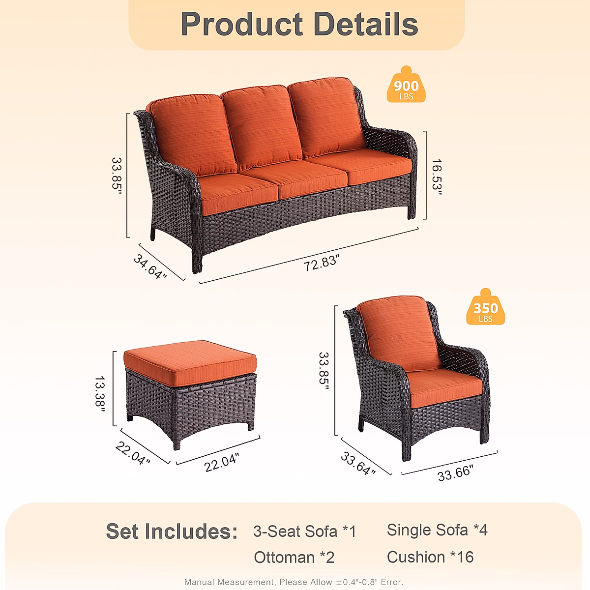 XIZZI Outdoor Furniture Patio Furniture Set 7 Pieces All Weather Wicker Patio Conversation with High Back Sofa Sectional and 2 Ottomans for Garden,Backyard and Deck,Brown Wicker Orange Red