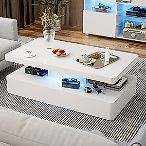 IKIFLY Modern High Glossy White Coffee Table with 16 Colors LED Lights, Contemporary Rectangle Design Living Room Furniture, 2 Tiers