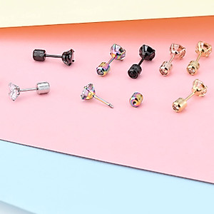 5 Pair Titanium Screw Surgical Stainless Steel Stud Earrings Set, Iridescent 3A Cubic Zirconia Studs Reversible Earrings Perforated Reclining Hypoallergenic Earrings Jewelry 6mm (5 pairs iridescent).