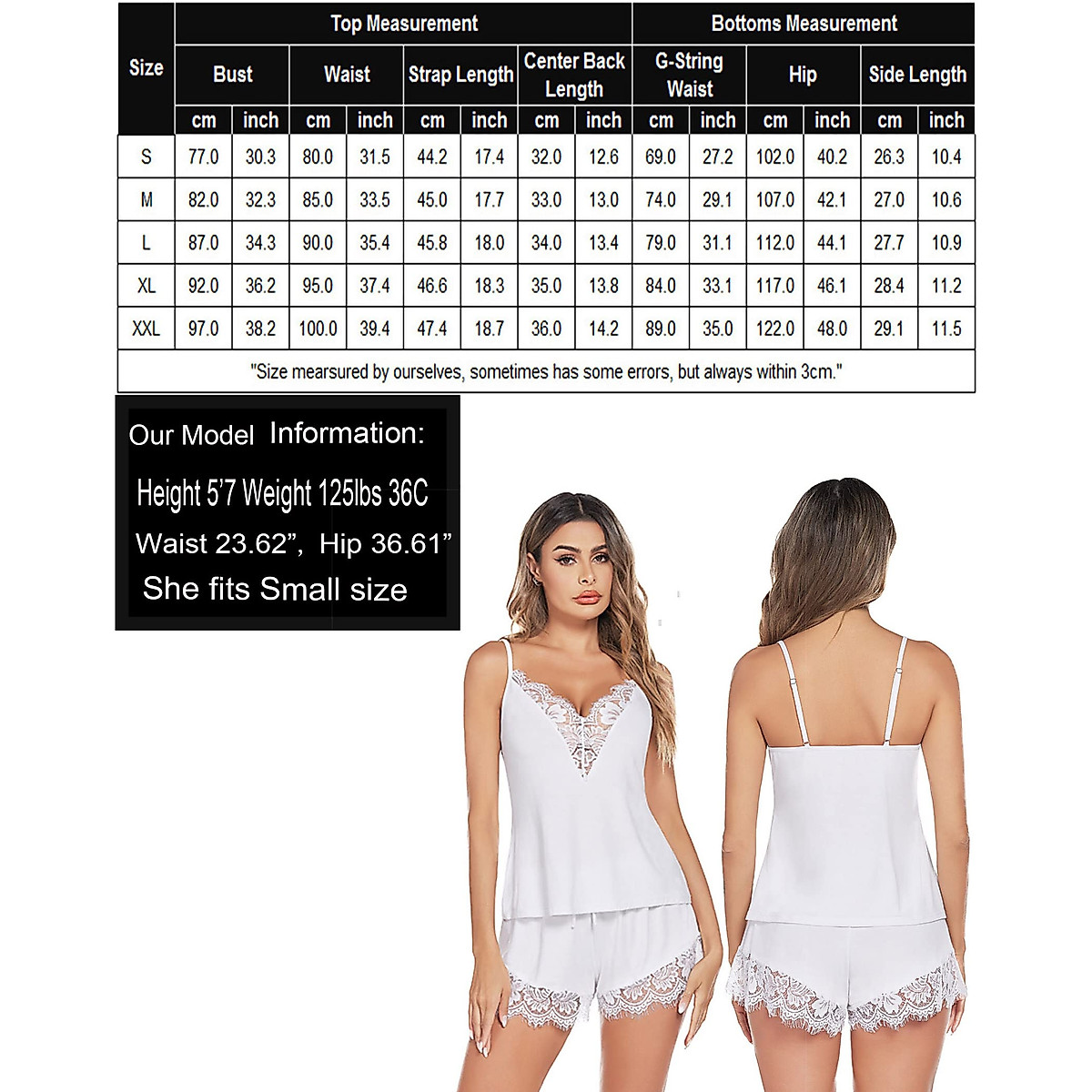 Avidlove Sleepwear Womens Lace Trim Pajamas Set Sexy Nightwear Lingerie Sleep Cami PJS Set with Short (White,S)