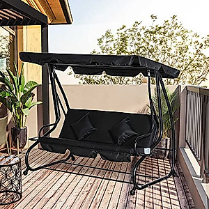 Outsunny 3-Seat Outdoor Patio Swing Chair, Converting Flatbed, Outdoor Swing Glider with Adjustable Canopy, Removable Cushion and Pillows, for Porch, Garden, Poolside, Backyard, Black