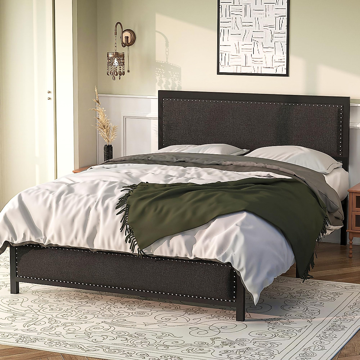 VECELO Queen Size Bed Frame with Linen Fabric Headboard and Footboard, Heavy-Duty Platform with Strong Steel Slats, No Box Spring Needed, Easy Assembly, Black