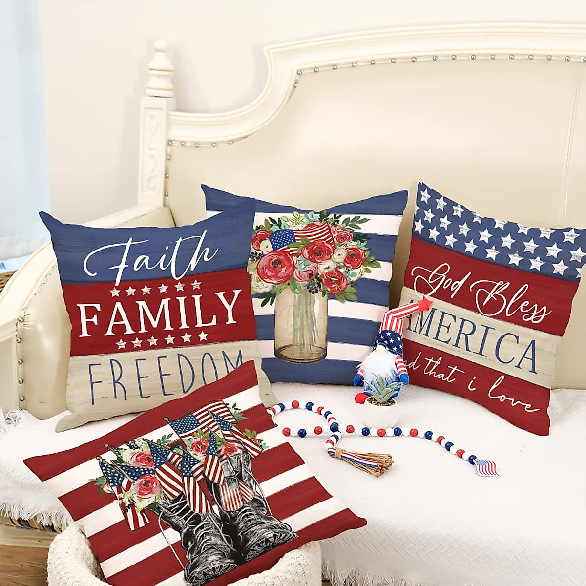 GEEORY 4th of July Decorations Pillow Covers 18 x 18 Set of 4 Star and Stripe Freedom Boot Floral Flag Throw Pillow Covers Patriotic Pillows Independence Memorial Day Decor Cushion Case G325-18