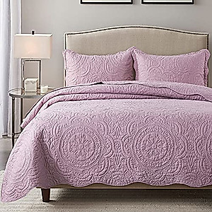 HoneiLife Bedspread Quilt Set Queen - 3 Piece Embroidered Microfiber Bedspread Reversible Coverlet Lightweight Bedcover Mandala Pattern Bedding Set All Season Quilts-Sweet Lavender, Queen Size