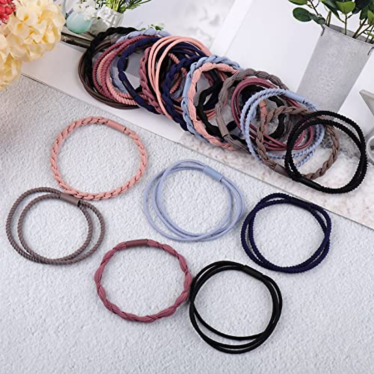 AIERSA 24 Pcs Morandi Hair Tie Bracelets, 4 Style Boho Ponytail Holders for Women/Girls, No Damage Elastics for Thin & Curly Hair