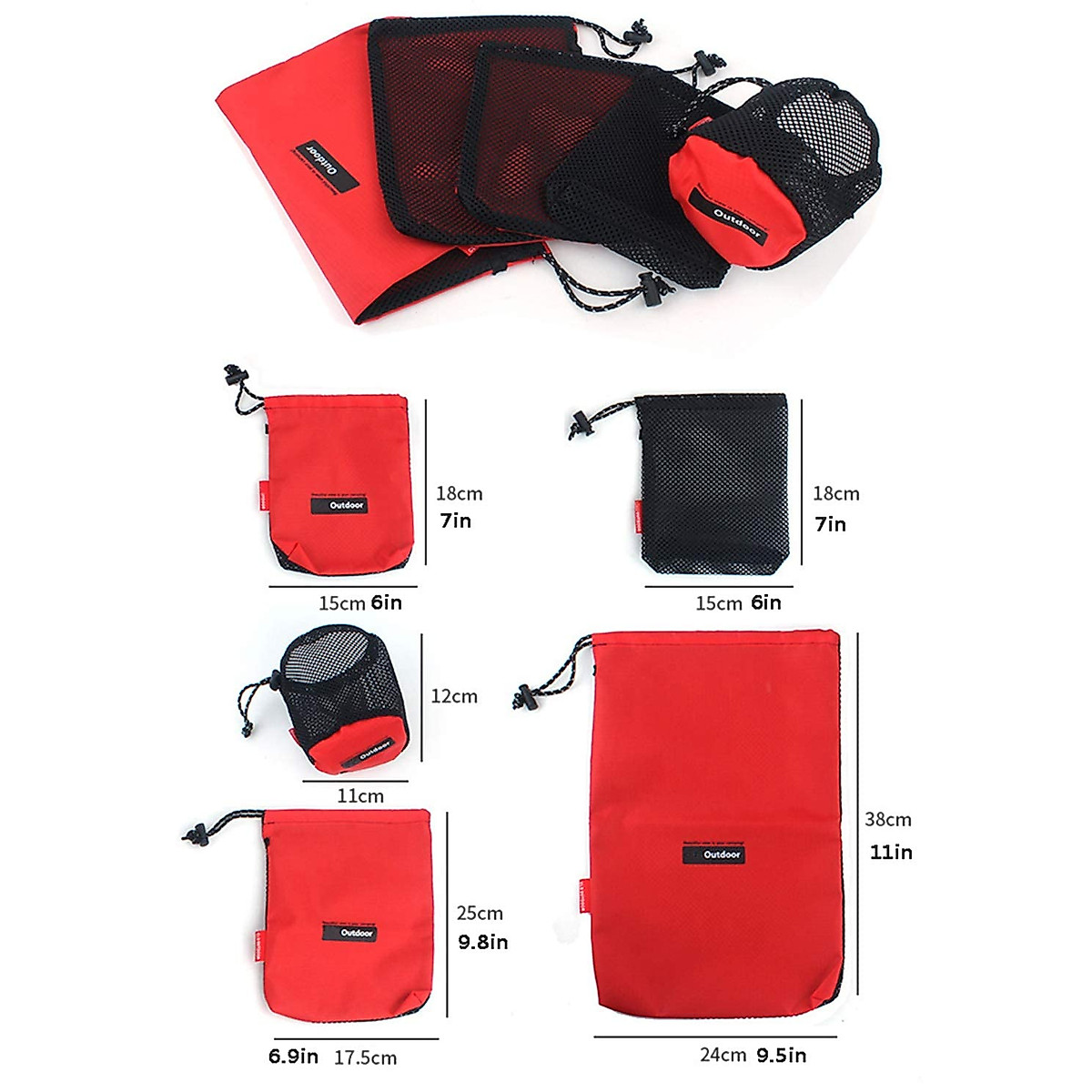 Vikodah Drawstring Bags, Nylon Cinch and Ditty Stuff Pouch,Mesh-Stuff-Sack for Camping Travel Gym Sports Storage 5-in-2