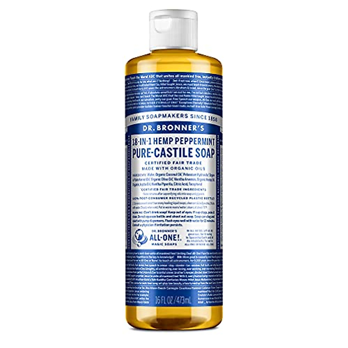 Dr. Bronner’s - Pure-Castile Liquid Soap (Peppermint, 16 ounce) - Made with Organic Oils, 18-in-1 Uses: Face, Body, Hair, Laundry, Pets and Dishes, Concentrated, Vegan, Non-GMO