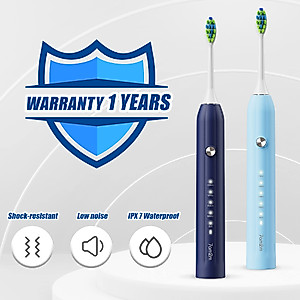 7AM2M Rechargeable Sonic Electric Toothbrush 2 Pack, Soft Toothbrushes for Adults and Kids with 12 Brush Heads, IPX7 One Charge Use for 60 Days, 5 Modes with 2 Minutes Build in Smart Timer