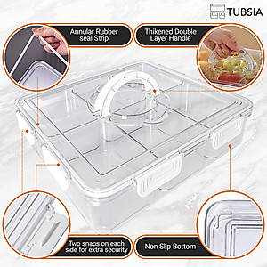TUBSIA Large Divided Serving Container with Lid and Handle, Snack Organizer, 6 Removable Compartments - Veggie and Fruit Tray, Snack Box, Charcuterie Container