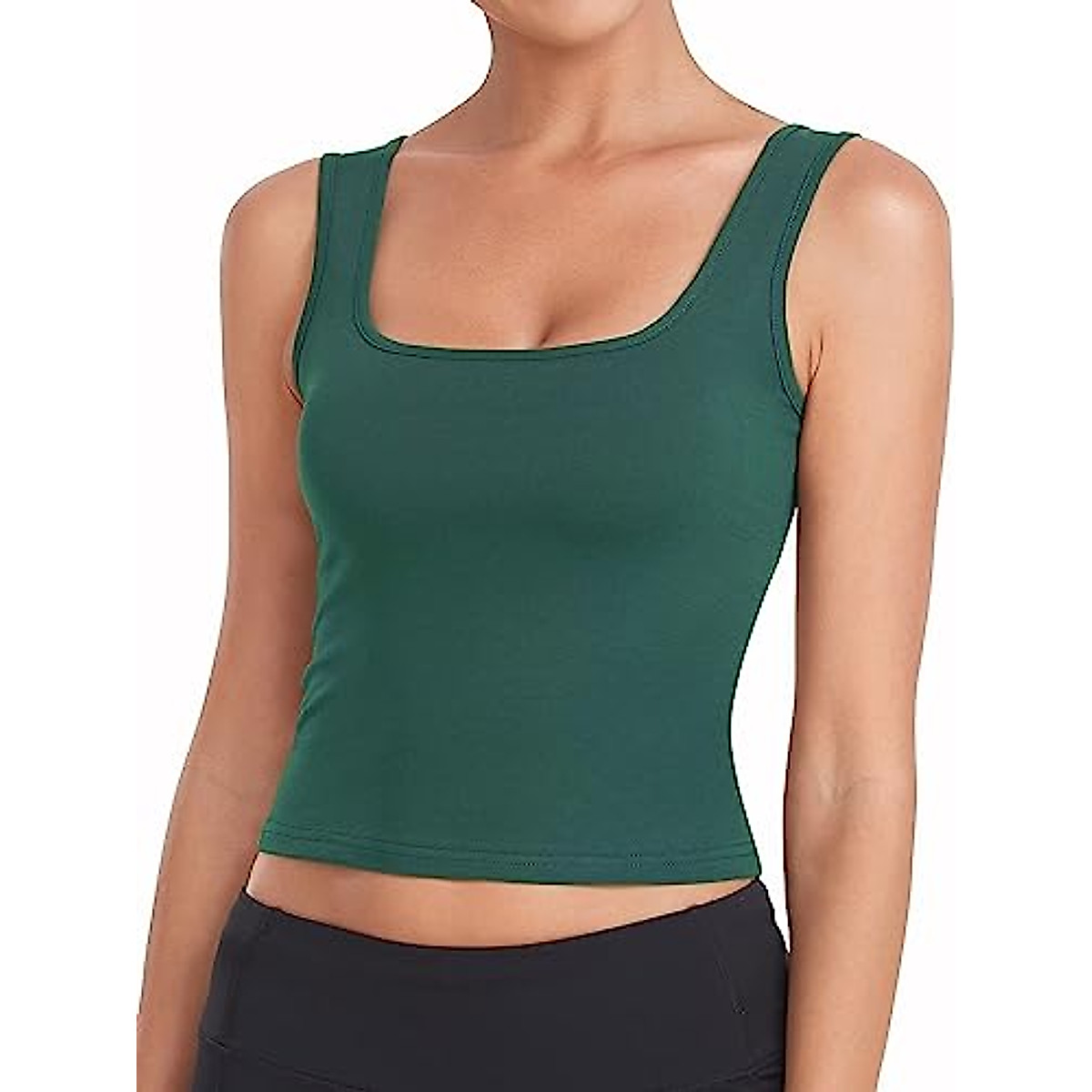 Porvike Crop Tops for Women Workout Tank Top Cropped Sleeveless Shirts Square Neck Tanks Basic Gym Exercise Clothes 3 Pack Coral/Beige/Emerald Green S