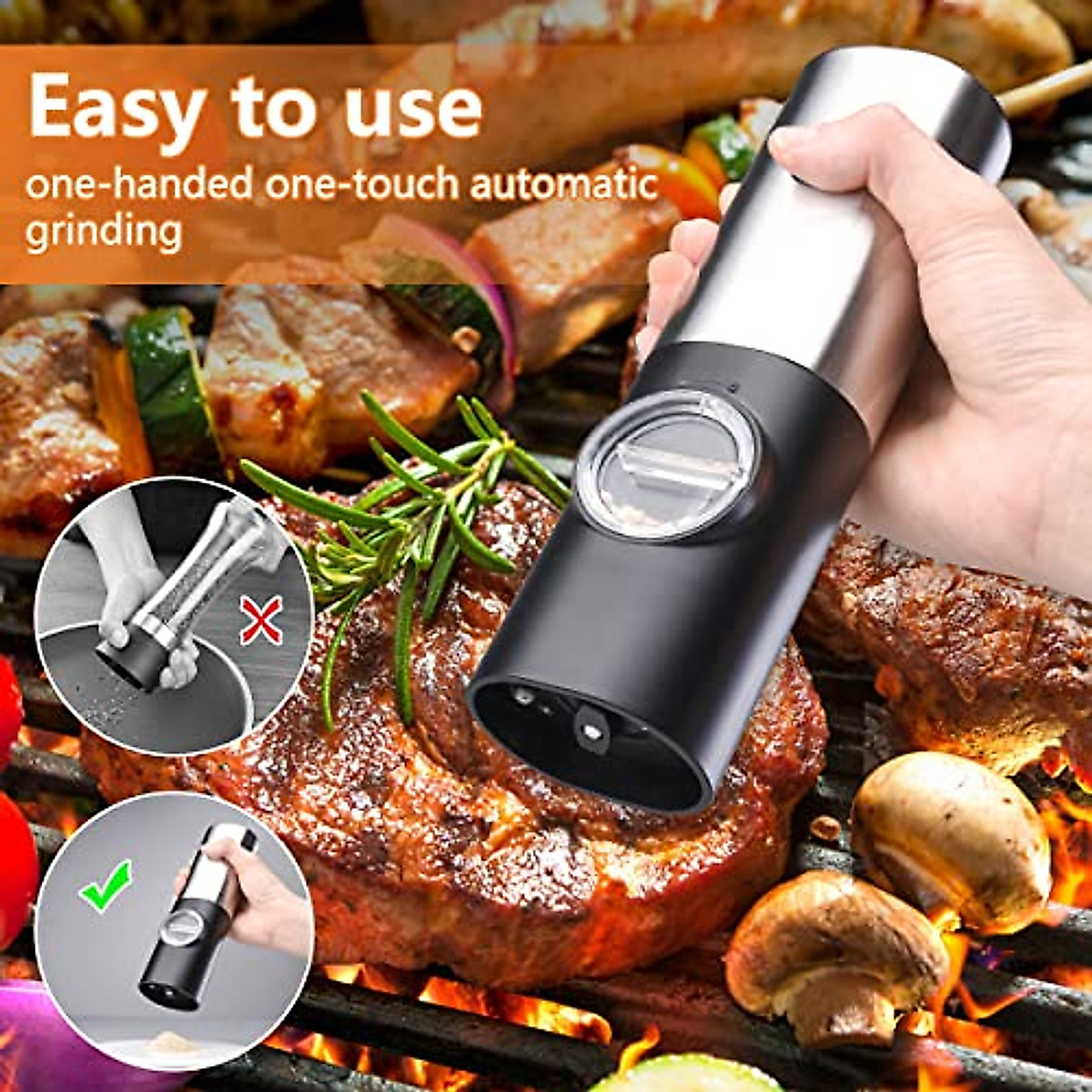 HIVIEW Electric Salt and Pepper Grinder Set Battery Operated，Automatic Pepper Mill,Adjustable CoarsenessOne Handed Operated, Salt and Pepper Shakers wiht LED Light,Stainless Steel-2 Pack