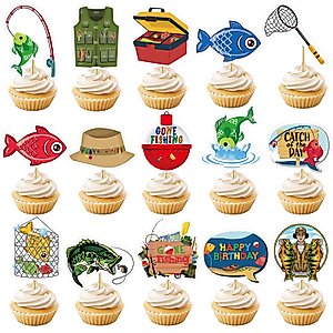 Plorbach 48 Pcs Fishing Cupcake Toppers, Upgrade Designed Fishing Birthday Party Cupcake Picks Decorations Gone Fishing Party Supplies For Men Boy fisherman Birthday Fishing Themed Party