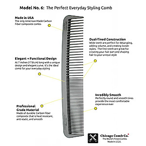 Chicago Comb Model 6 Carbon Fiber, 7 inches (17.8 cm) long, anti-static, graphite black, made in USA