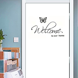 BIBITIME Flying Black Butterfly Saying Welcome to Our Home Front Door Sign Decal Vinyl Letters Quotes Stickers for Christmas Living Room Porch Garden,DIY 27.95" x 10.23"