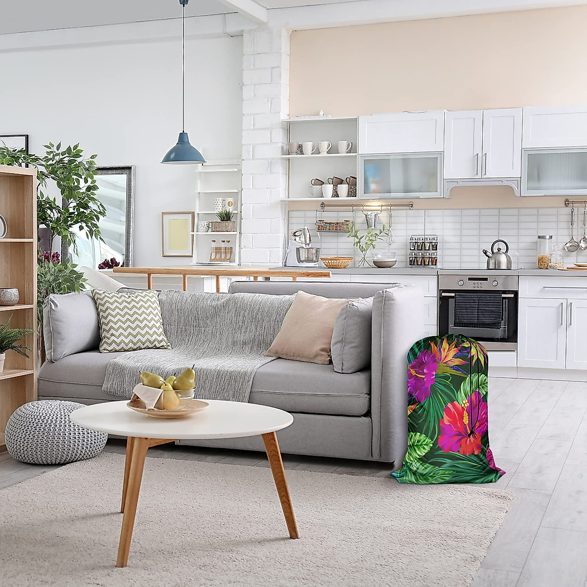 Swono Tropical Flowers Drawstring Closure Dirty Clothes Bag Organizer, Heavy Duty Large Laundry Bag, Floral Pattern Botanical Hibiscus Palm Leaf Bird Summer Rip-Stop Bags for Camp Travel