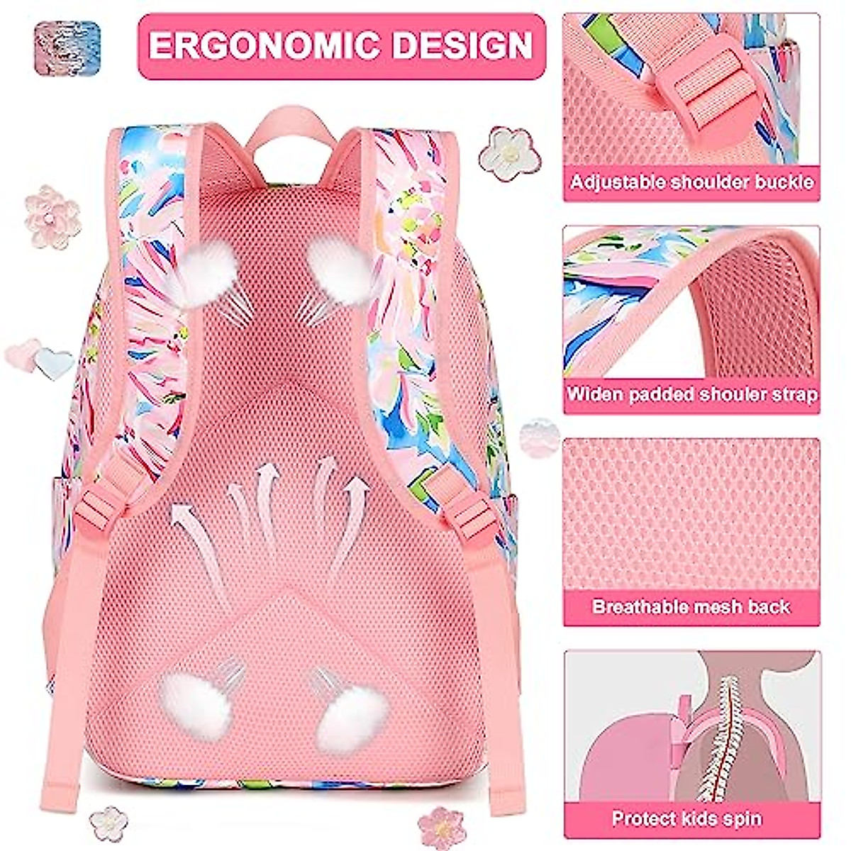 BTOOP Girls School Backpack Set Floral Schoolbag Laptop Bookbag Insulated Lunch Tote Bag Purse Teens Kids