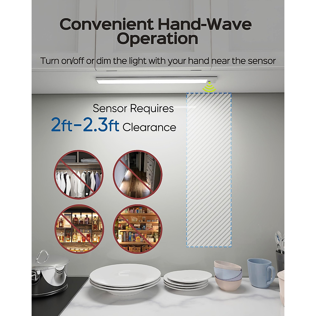 JACKYLED 2 Pack 16in Under Cabinet Lights for Kitchen, Under Cabinet Task Lighting Updated Wave Sensor Indoor, 65 LED Rechargeable 3000mAh Battery Under Counter Lights in Kitchen, Closet, Bedroom