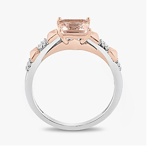 Jewelili Enchanted Disney Fine Jewelry Sterling Silver and 10K Rose Gold 6 MM Cushion Center Morganite and 1/20 Cttw Natural White Round Diamonds Aurora Engagement Ring Size 7
