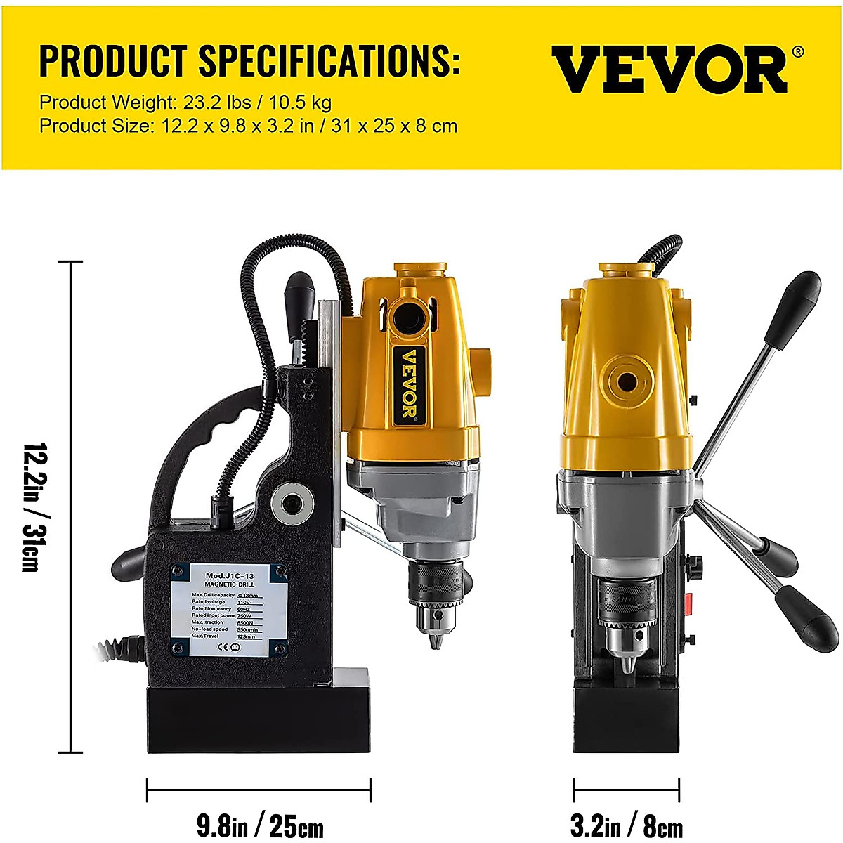 VEVOR Magnetic Drill, 550RPM No-load Speed Electromagnetic Drill Press, 2.16" Depth 1.57" Dia Magnetic Core Drill, 2700LBS Boring Tool Drill Press, w/ 1100W Drill Press, Yellow and Black Drill Machine