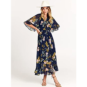 ANRABESS Women's Summer Ruffle Maxi Dress Floral Print 3/4 Bell Sleeve V Neck High Waist Flowy Boho Long Dress 746fenchahua-M