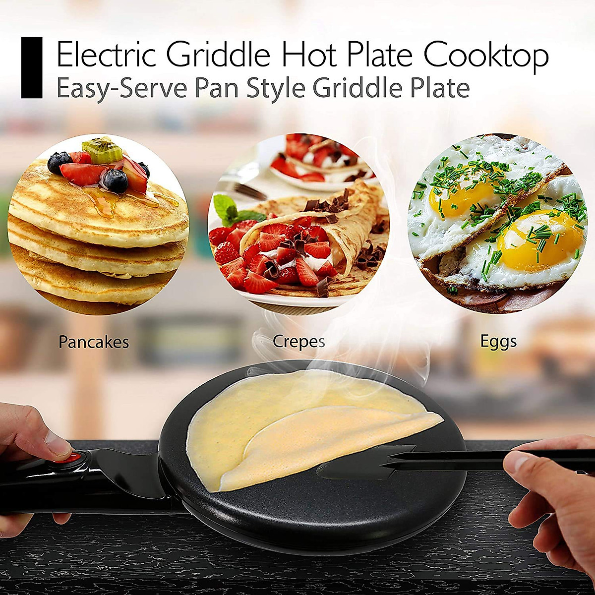 Electric Crepe Maker - Cooks Roti, Tortillas & Pancakes - Nonstick Cooktop - 8-inch Cook Area w/On/Off Switch, Automatic Temperature Control & Cool Touch Handle - Includes Food Bowl, Whisk & Spatula