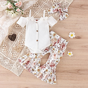Fernvia Infant Baby Girl Clothes Suspenders Short Sleeve Ribbed Romper Flared Pants Set Headband 3pcs Summer Outfit
