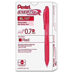 ENERGEL Pentel -X Retractable Liquid Gel Pen (0.7mm) Metal Tip, Red Ink, Box of 12 (BL107-B)