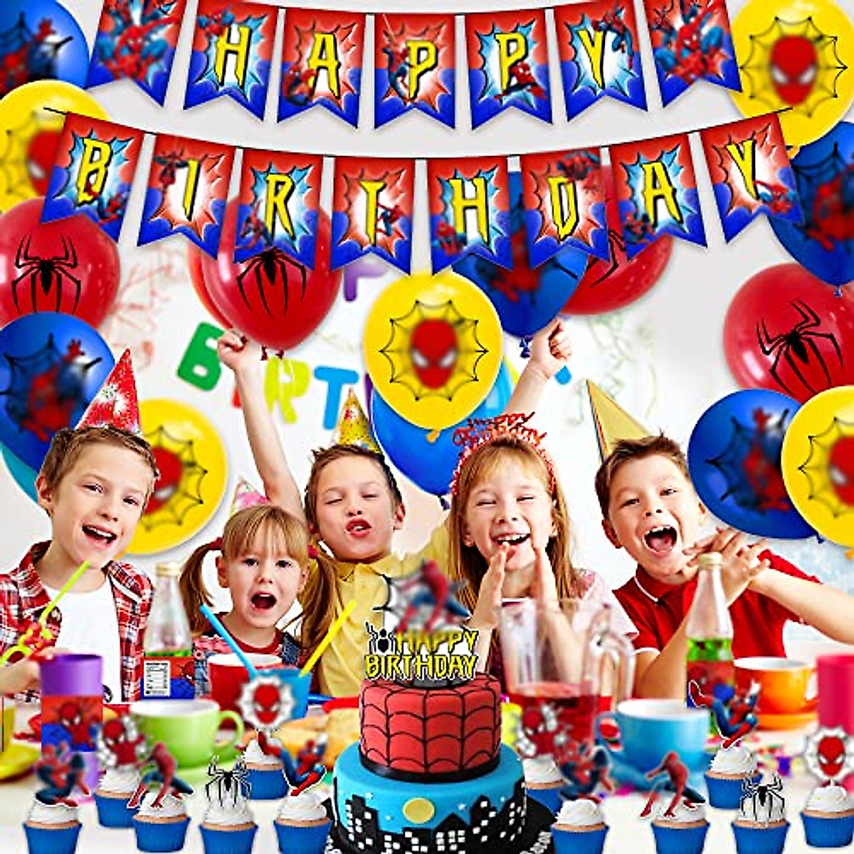 Spider Birthday Party Supplies and Decorations,Spider Themed Party For Kids Serves a Airwalker Balloon, Cupcake Toppers,Banner,Latex Balloons and Bottle Stikers