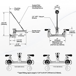 Mop Sink Faucet Service Sink Faucet with Vacuum Breaker, Pail Hook & Garden Hose Thread, 8" Adjustable Center