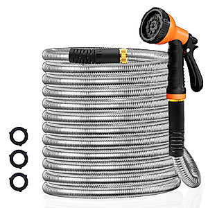 Besiter Garden Hose 50FT Stainless Steel Water Hose with 10 Functions Adjustable Spray Nozzle, Heavy-Duty Metal Garden Hose Flexible Durable No-Tangle & Kink Leak Dog Proof Hose for Yard Lawn(Orange)