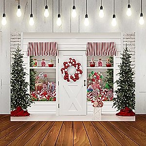 Lofaris Winter Christmas Backdrop Merry Xmas Sweet Candy Storefront Cottage Santa's Wreath Shiny Lights Trees Background Gifts Shop Kids Birthday Baby Shower Party Portrait Photo Studio Props