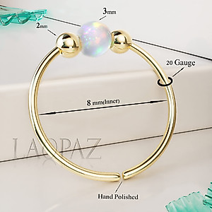 LAOPAZ 14k Gold Filled Nose Hoop with White Opal - 20 Gauge Nose Ring for Women and Men - Hypoallergenic Nose Jewelry 7mm Diameter 0.2 Inches - Handmade Nose Ring for Women