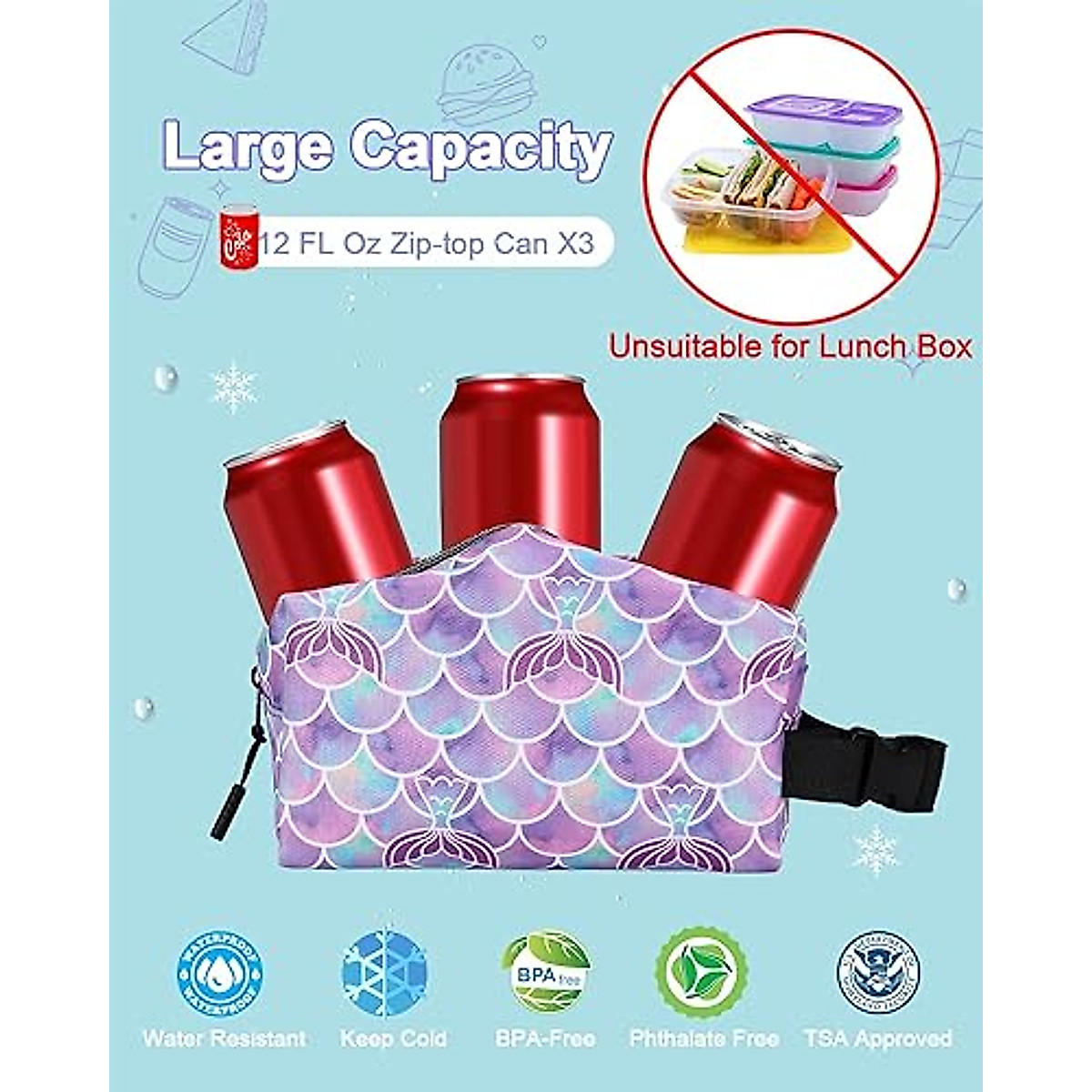 Amersun Freezable Small Cooler Bag(Built-in Ice Packs, TSA Approved), Insulated Lunch Bag for Child, Reusable Snack Bags for Kids, Portable Mini Cooler Bag with Adjustable Handle (Mermaid)