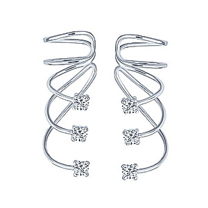 Triple Spiral CZ Curved Crawlers Wire Cubic Zirconia Cartilage Ear Cuff Pin Earring For Women Teen .925 Sterling Silver