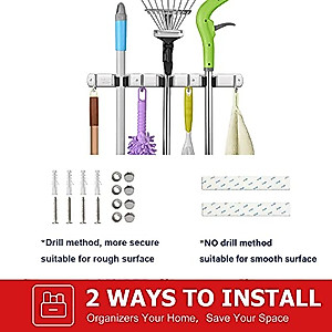 IMILLET 2 Pack Broom and Mop Holder Wall Mounted, Stainless Steel Broom Holder Mop Holder Self Adhesive Heavy Duty Hooks Storage Organizer for Home Laundry Room Garden Garage Closet Kitchen