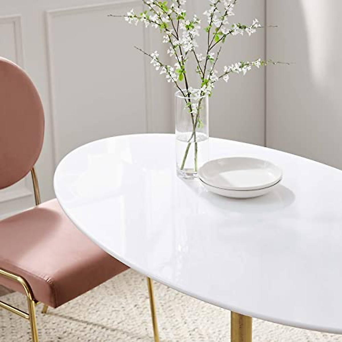 Modway Lippa 48" Oval-Shaped Mid-Century Modern Dining Table with White Wood Top and Gold Base