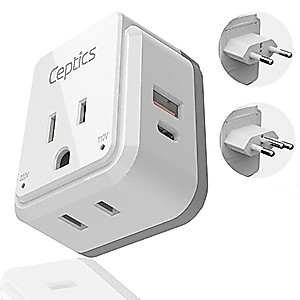 Ceptics Brazil Power Plug Adapter Travel Set, 20W PD & QC, Safe Dual USB & USB-C 3.1A - 2 USA Socket - Compact & Powerful - Also Use in Peru, Chile - Includes Type C, Type N Swadapt Attachments