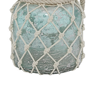 Deco 79 Glass Indoor Outdoor Candle Lantern Decorative Lantern Candle Holder with Rope Handle, Lantern 7" x 7" x 15", Blue