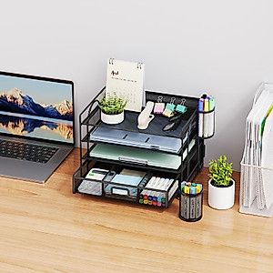 Marbrasse 4-Trays Desktop File Organizer with Pen Holder | Paper Letter Tray with Drawer and 2 Pen Holder | Mesh Office Supplies Desk Organizer for Home Office (Black)