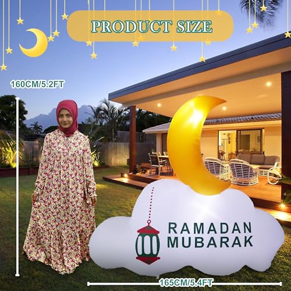 Dawdix 5FT Ramadan Inflatable Decorations, Eid Mubarak Inflatable Crescent Moon Decoration, Blow Up Ramadan Mubarak Yard Decor with LED Lights for Muslim Holiday Party, Garden