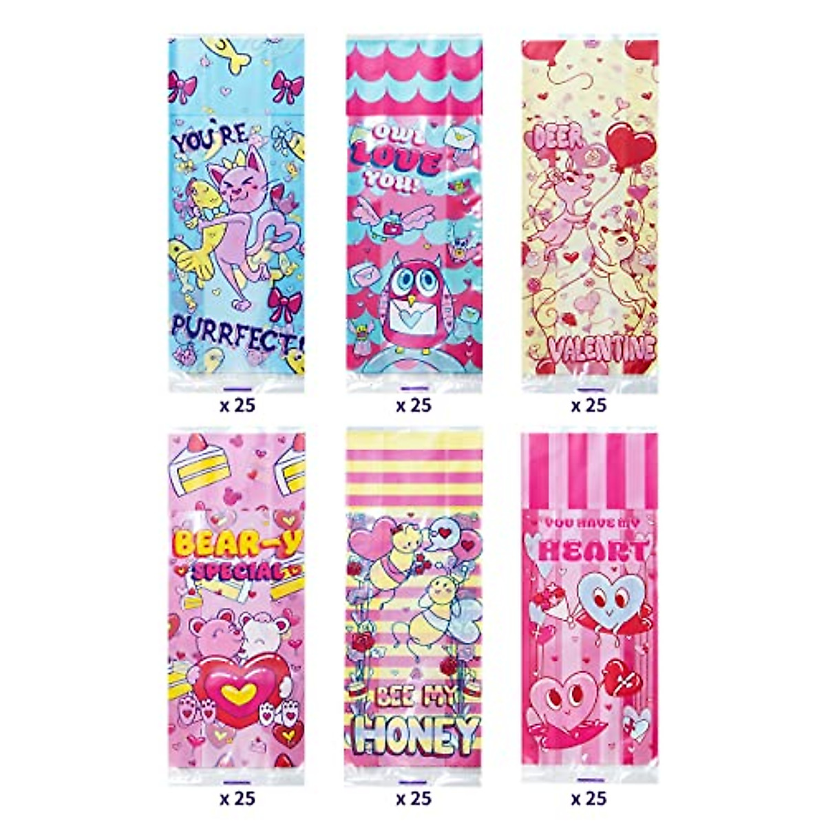JOYIN 150 Pcs Valentine’s Day Cellophane Gift Bags, Treat Bags Candy Bag in 6 Lovely Designs for Kids Valentine Party Favor Supplies, Classroom Gift Exchange Goodie Bags