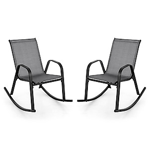 Giantex Outdoor Rocking Chairs Set of 2, Patio Rocking Chairs w/Breathable Seat & Back, Heavy-Duty Metal Support, Ergonomic Outside Rocker for Backyard, Poolside, Garden (1, Grey)