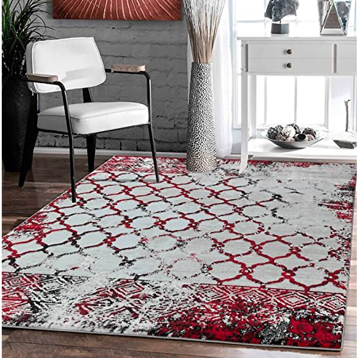 GLORY RUGS Modern Abstract Trellis Area Rug 8x10 Red Black Large Rugs for Home Office Bedroom and Living Room