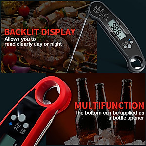 Leelosp 3 Pcs Digital Meat Thermometer with Probe Waterproof Fast Read Food Thermometer Kitchen Grilling Cooking Thermometer with Backlight Magnet and Calibration for Baking BBQ Outdoor, Red and Black