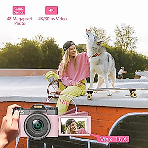 VJIANGER 4K Vlogging Camera for YouTube 48MP Digital Camera for Photography and Video with Flip Screen, Manualfocus, 16X Digital Zoom, 52mm Wide Angle & MacroLens, 32GB TF Card, 2 Batteries(Pink)