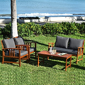 Tangkula 4 PCS Acacia Wood Patio Furniture Set, Outdoor Seating Chat Set with Gray Cushions & Back Pillow, Outdoor Conversation Set with Coffee Table, Ideal for Garden, Backyard, Poolside