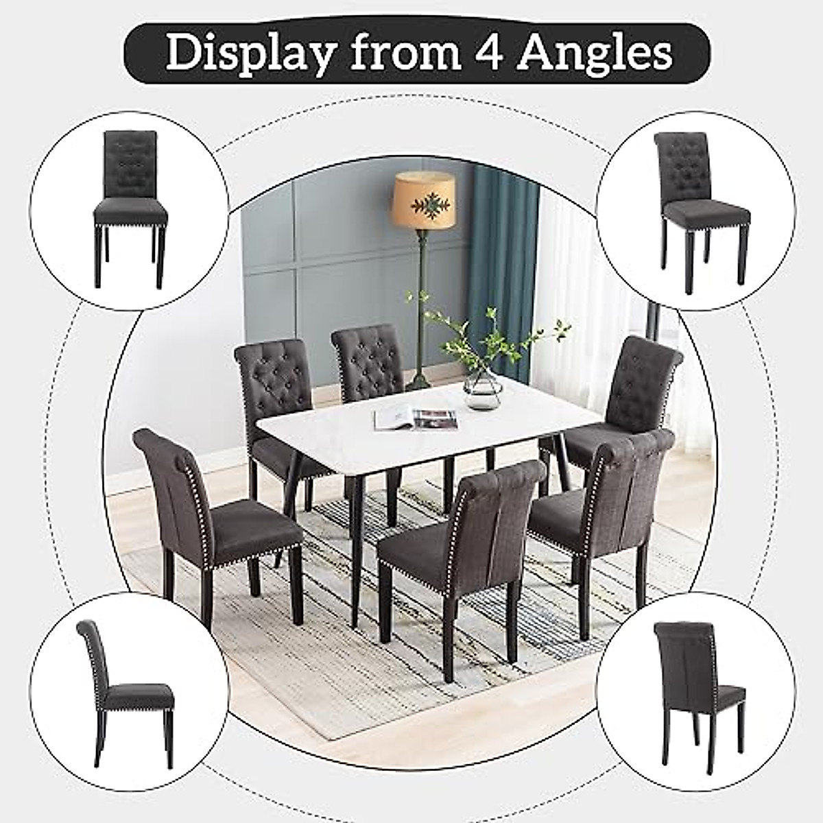 ABET Modern Dining Chairs Set of 2, Button Tufted Parsons Dining Chairs, Upholstered Fabric with Nailheads and Solid Wood Legs, Stylish Kitchen Chairs with Padded Seat, Dark Grey