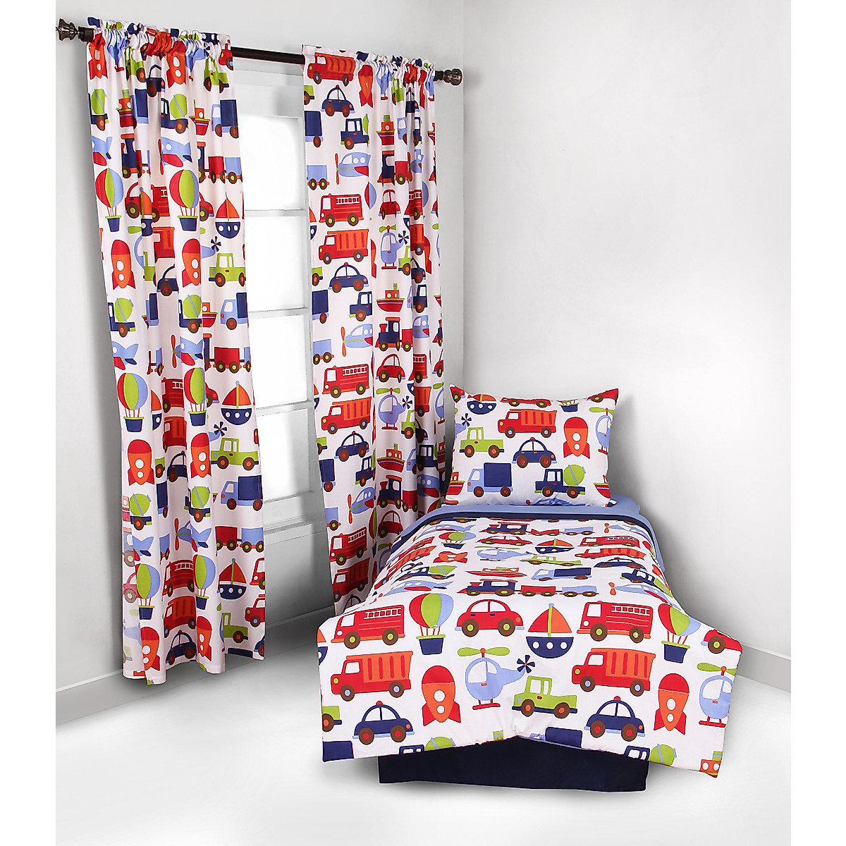 Bacati - Transportation Blue 4 Piece Boys Toddler Bedding Set 100 Percent Cotton Includes Reversible Comforter, Fitted Sheet, Top Sheet, and Pillow Case for Boys